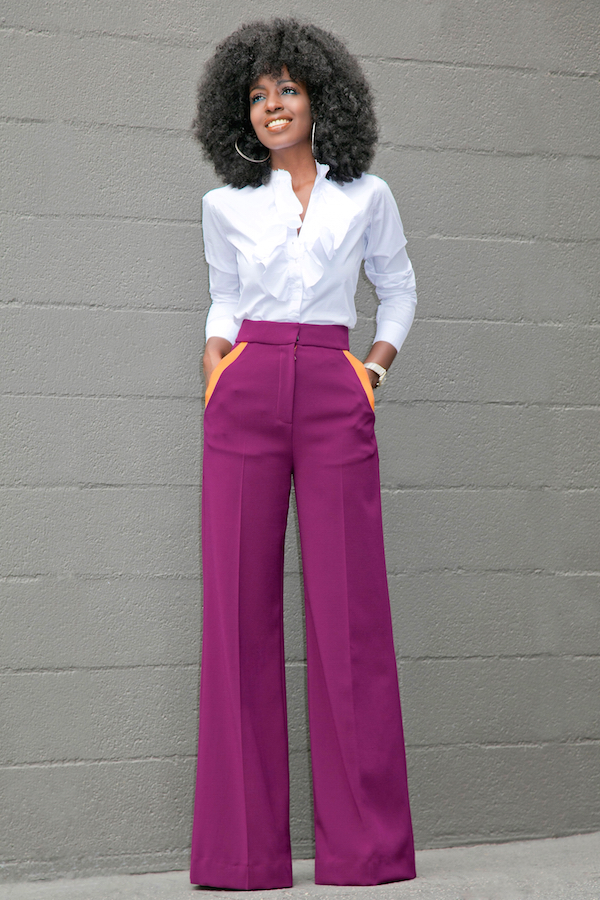 Ruffled Button Down Contrast Pockets Wide Leg Pants Stylepantry